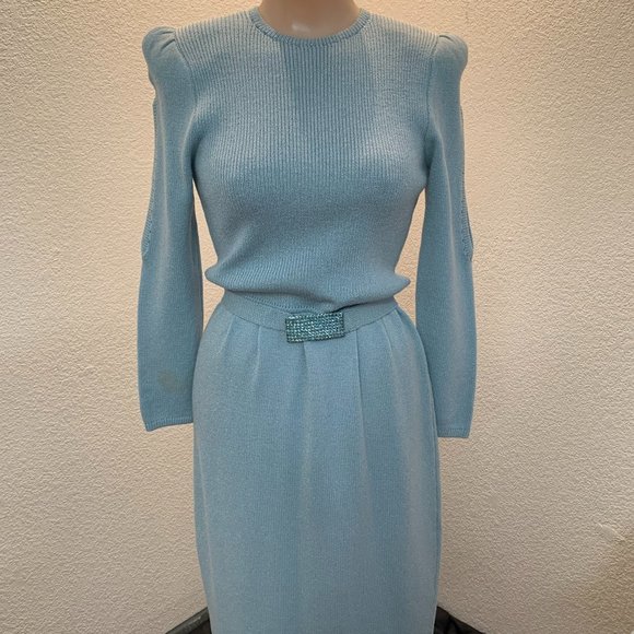 St. John | Dresses | Vintage St John Knit Dress Light Blue Long Sleeve ...